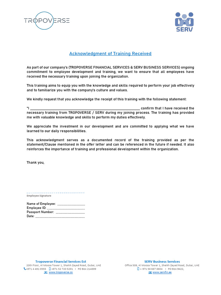 Acknowledgment of Training Received | PDF