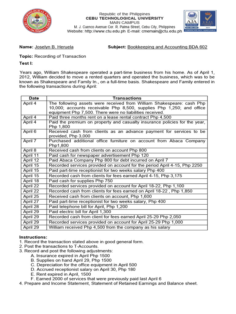 Bookkeeping Transactions for April 2012 | PDF | Debits And Credits ...