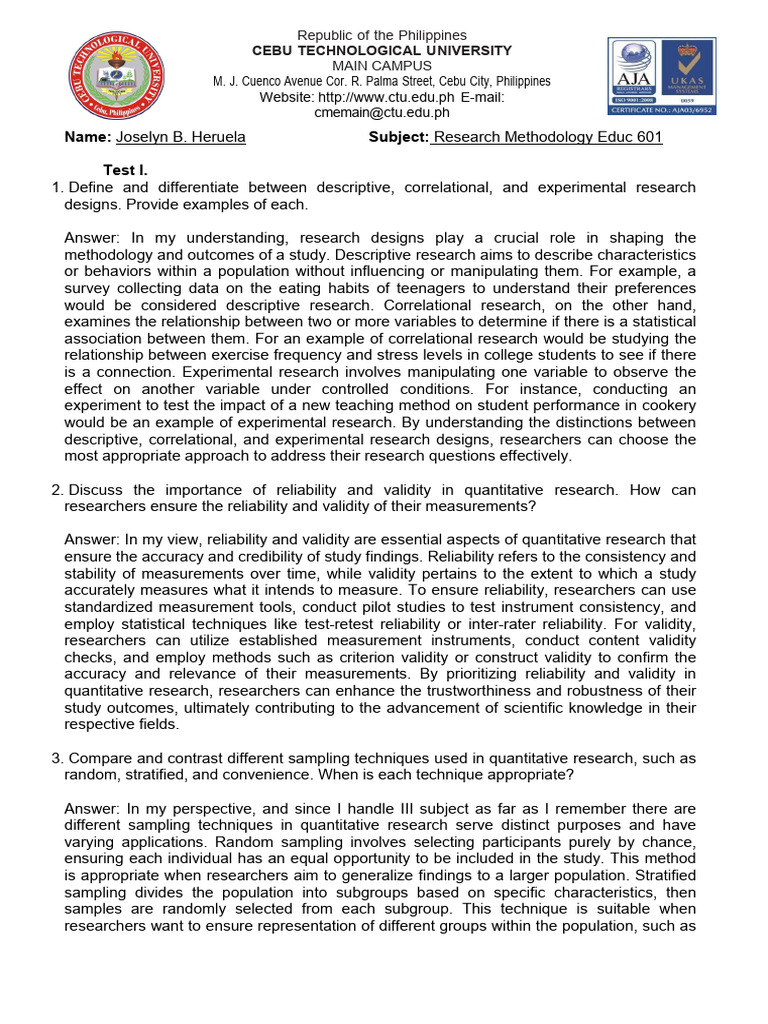 EDUC 601 Research Methodology | PDF | Sampling (Statistics) | Obesity