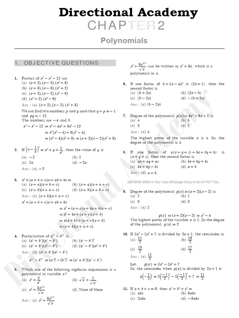 Chapter 2 Polynomials MCQ | PDF | Factorization | Polynomial