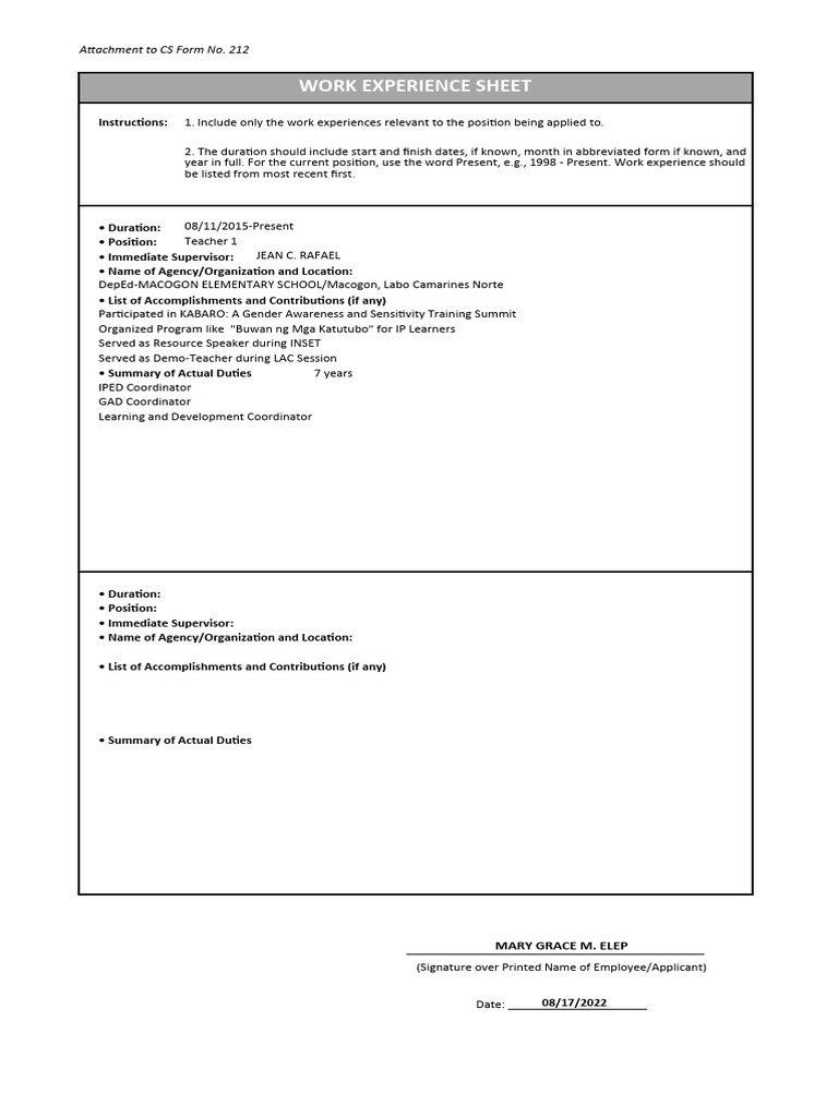 Teacher Work Experience Summary | PDF | Business | Finance & Money ...
