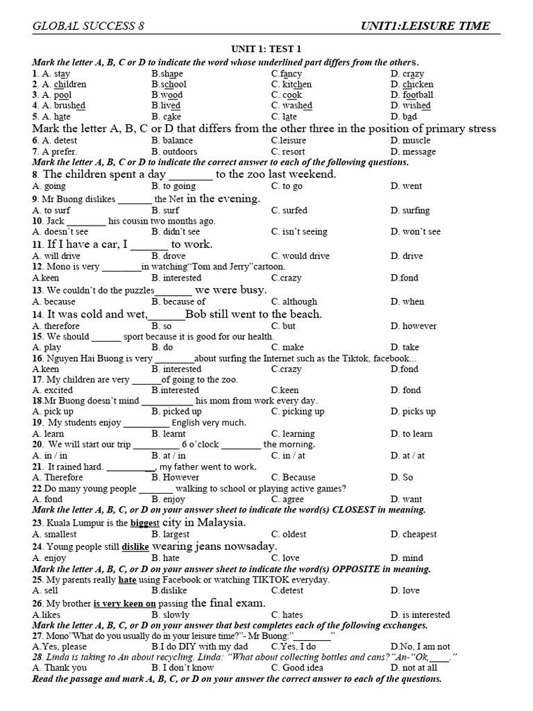 Bài tập bổ trợ anh 8 Global UNIT 1 (PRACTICE TEST) | PDF | Hobbies Bài tập bổ trợ anh 8 Global UNIT 1 (PRACTICE TEST) | PDF | Hobbies