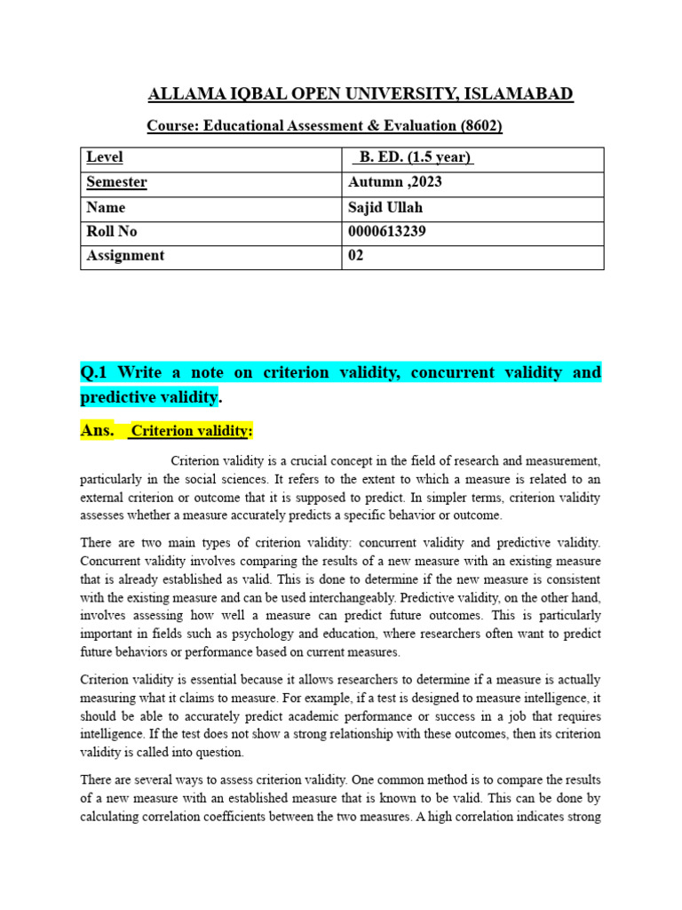 8602 2nd assignment | PDF | Level Of Measurement | Validity (Statistics)