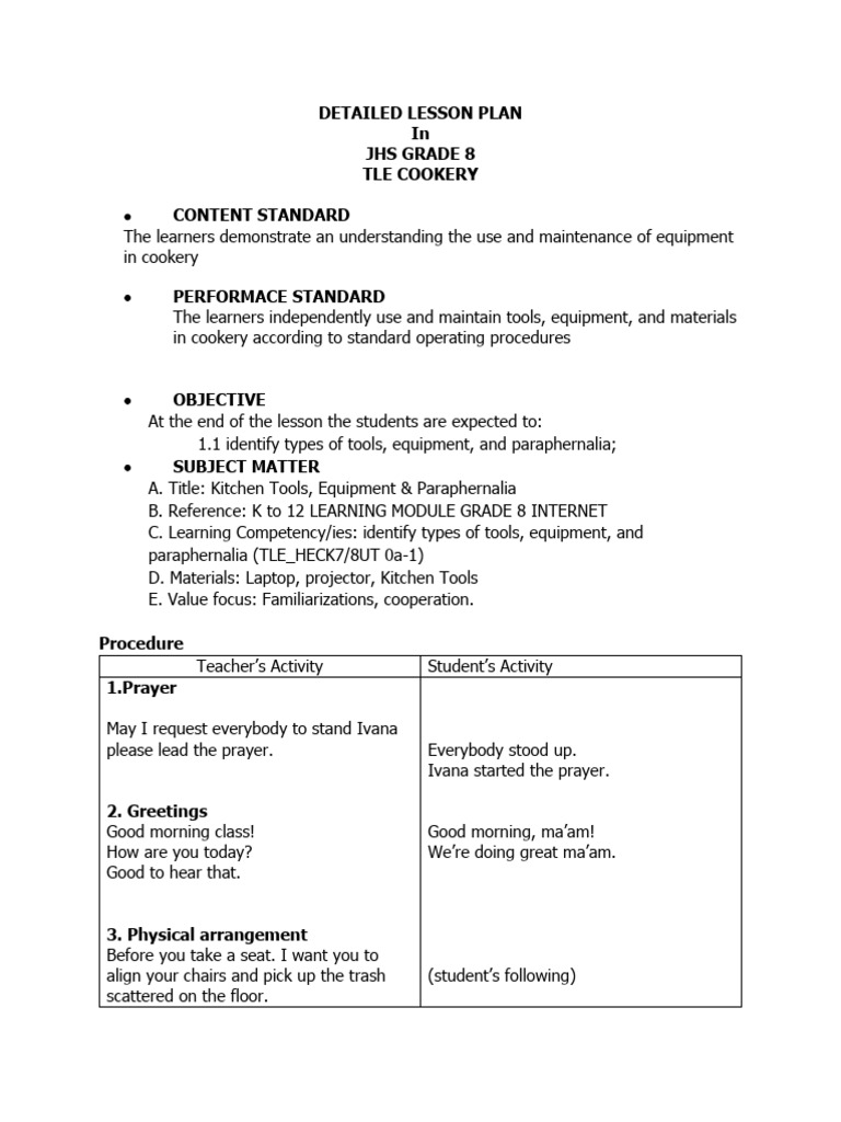 Lesson Plan Tle Cookery Grade 8 | PDF | Grilling | Kitchen Utensil