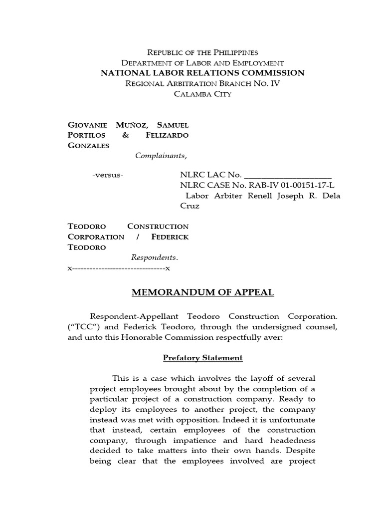 Muñoz v. TCC - Memorandum of Appeal | PDF | Employment | Labour Law