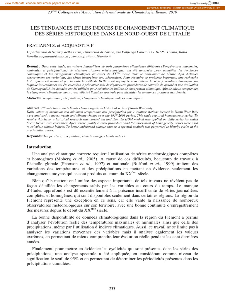 Les Tendances Et Les Indices de Changement Climatique Des Séries Historiques Dans Le Nord-Ouest ...