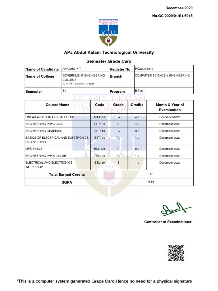 B.Tech Semester Grade Card Summary | PDF | Engineering | Computer Science