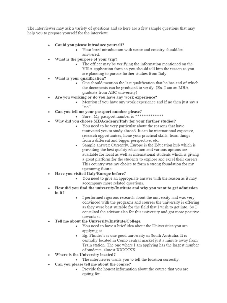 Italy Student Visa Interview Guide | PDF | Travel Visa