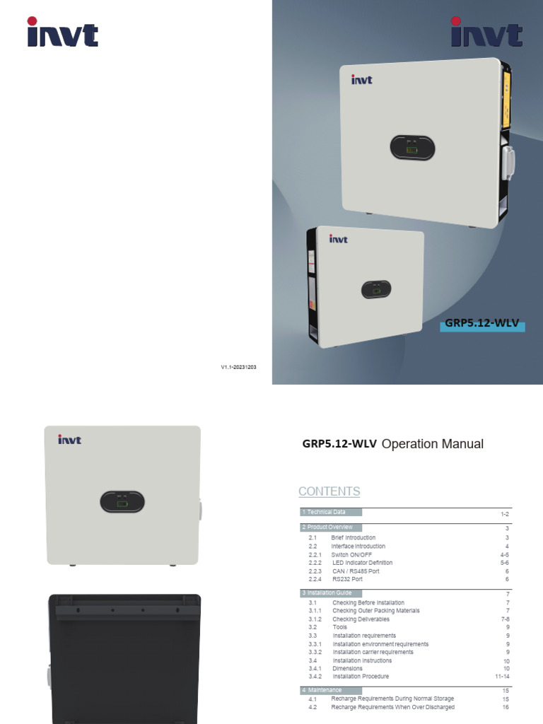 INVT - GRP5.12-WLV LV Battery User Manual | PDF | Rechargeable Battery | Electricity