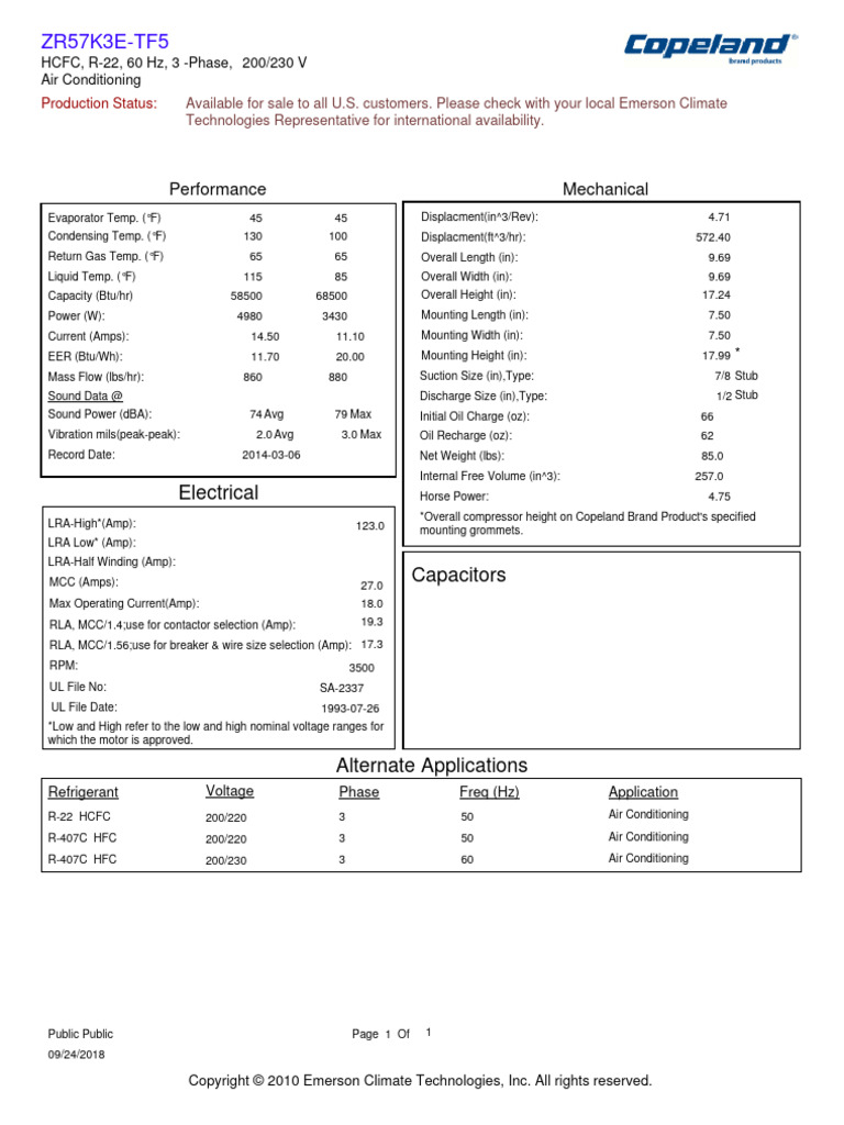 Copeland - ZR57K3E-TF5 - Series Datasheet | PDF | Air Conditioning | Electrical Engineering