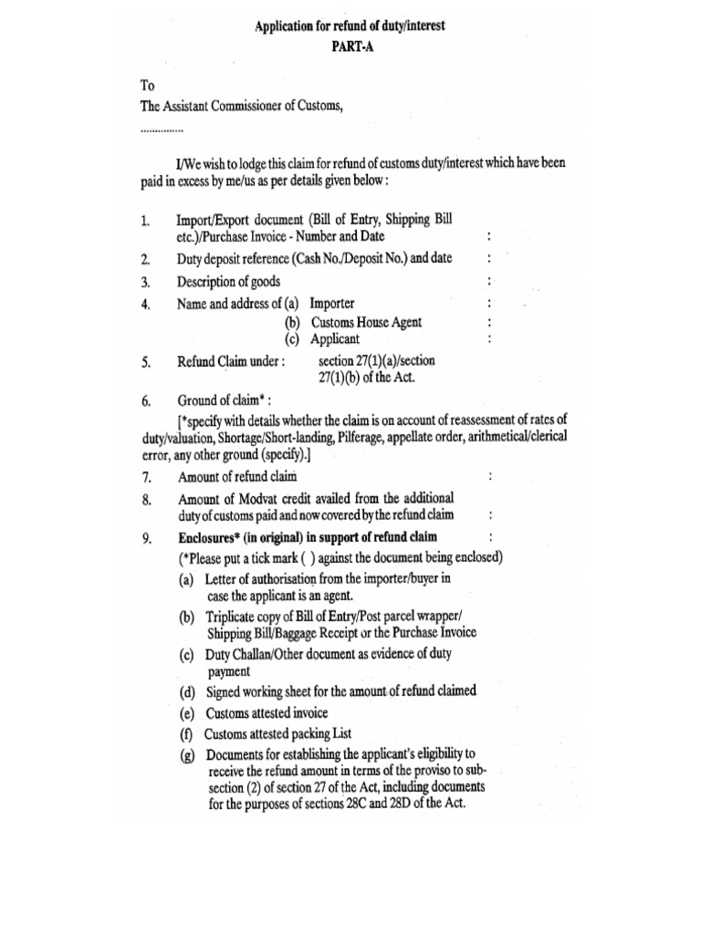 Customs Duty Refund Application Form | PDF | Receipt | Business