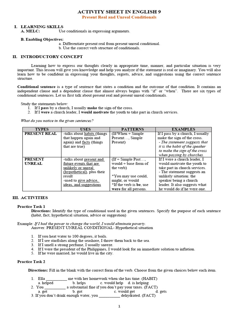 Activity Sheet Present Conditionals | PDF | Sentence (Linguistics) | Thought