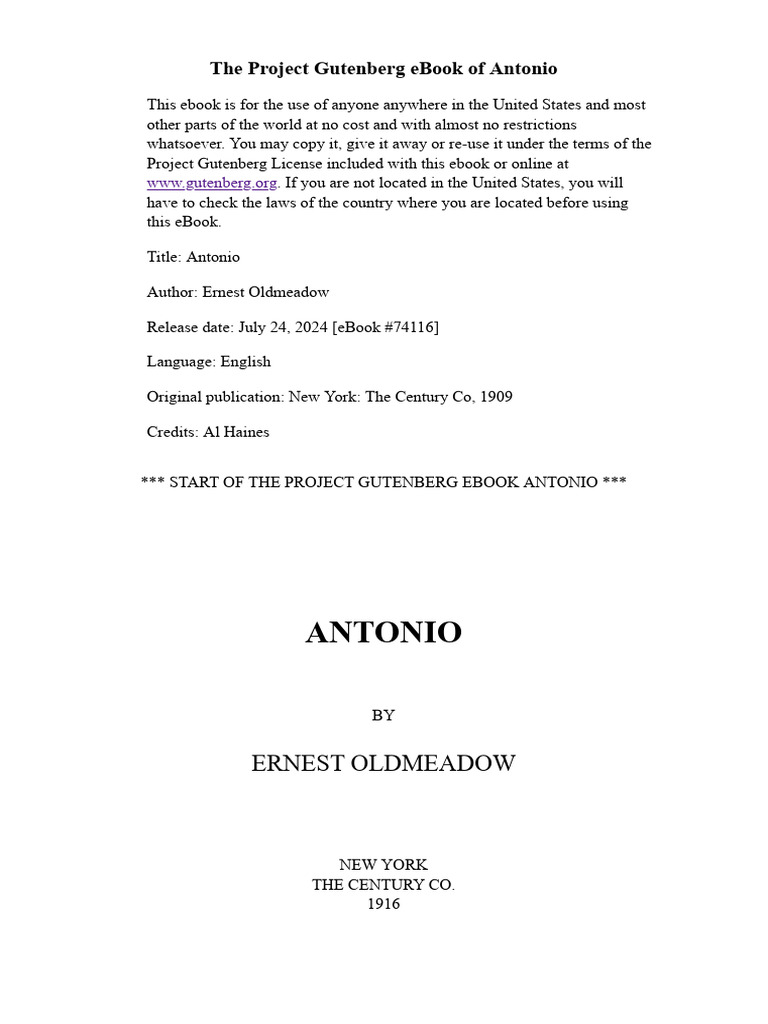 The Project Gutenberg Ebook of Antonio, by Ernest Oldmeadow | PDF