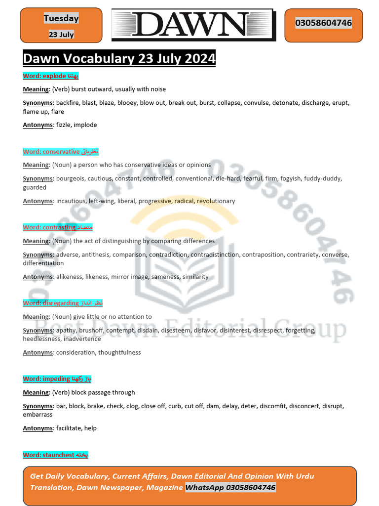 Dawn Vocabulary 23 July | PDF | Linguistic Morphology | Grammar