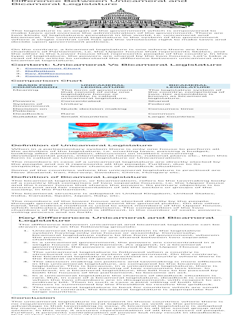 Unicameral vs Bicameral Legislature Explained | PDF | Legislature ...