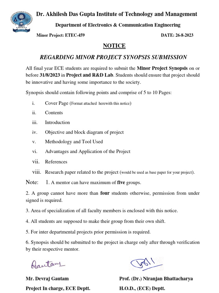 Synopsis Submission Notice - Minor Project Aug 2023 | PDF