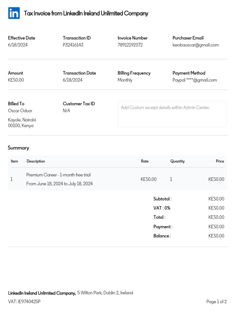 LinkedIn Ireland Tax Invoice Details | PDF | Invoice | Value Added Tax