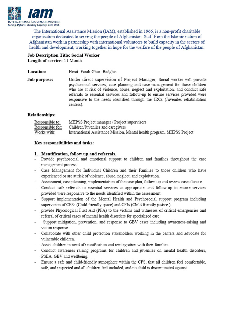Job Description - MHPSS Social Worker - Herat | PDF | Social Psychology ...