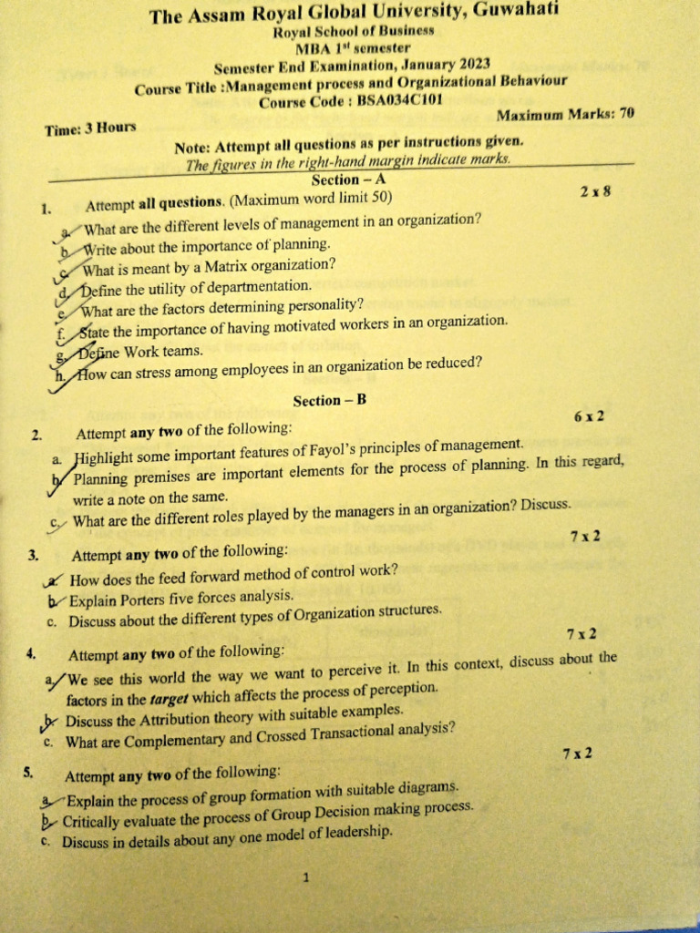 MBA 1 - 2023 - (Question Papers) | PDF | Cheque | Banks