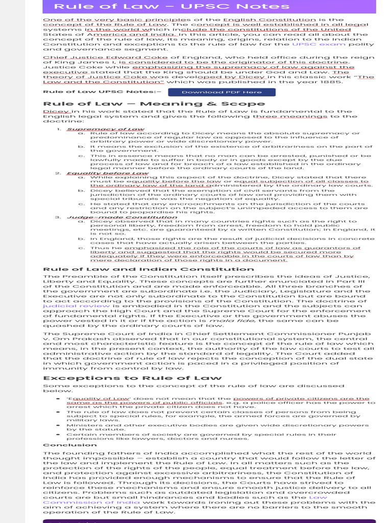 Rule of Law: UPSC Polity Notes | PDF | Rule Of Law | Constitution