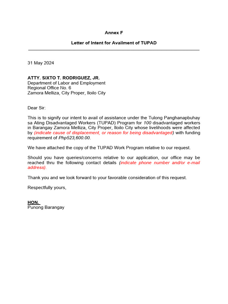 ANNEX-F-LETTER-OF-INTENT-FOR-AVAILMENT-OF-TUPAD - ZamoraMelliza | PDF