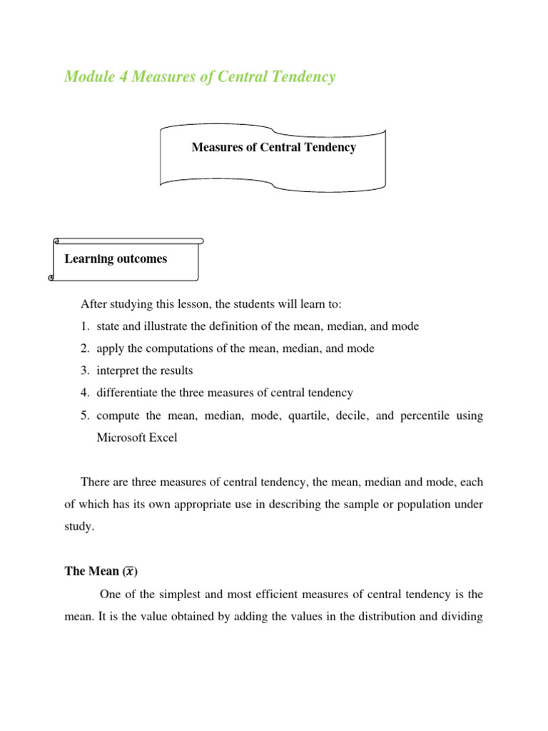 Lesson 4 Measures of Central Tendency | PDF | Mean | Median