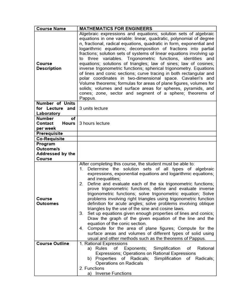 ME1 Course Outline | PDF | Trigonometric Functions | Equations