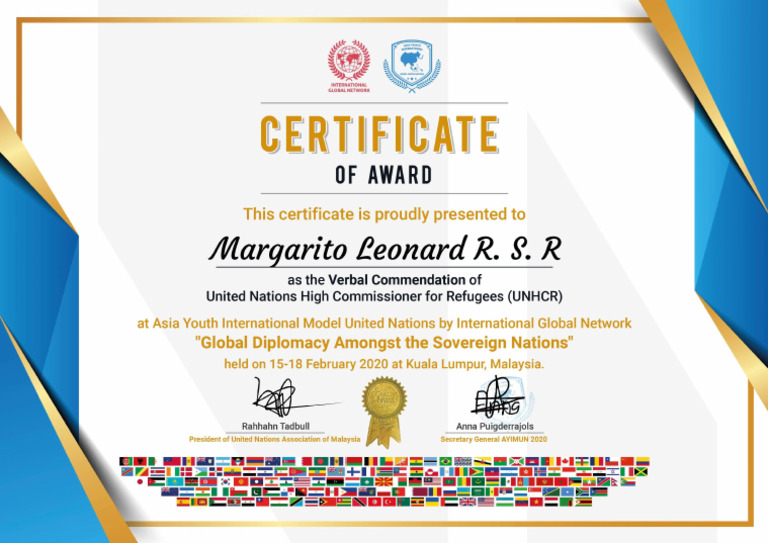 AYIMUN 2020 - Margarito Leonard R. S. R - Award | PDF
