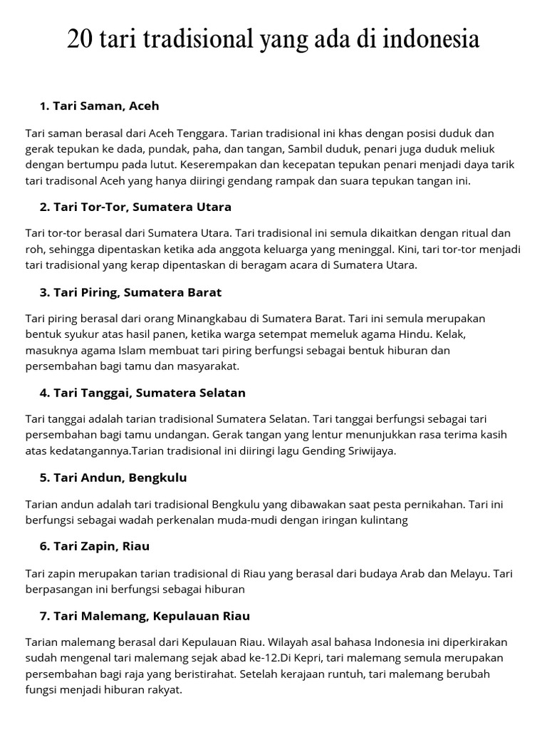 20 Tari Tradisional Yang Ada Di Indonesia - 20240119 - 074325 - 0000 | PDF | Ilmu Sosial