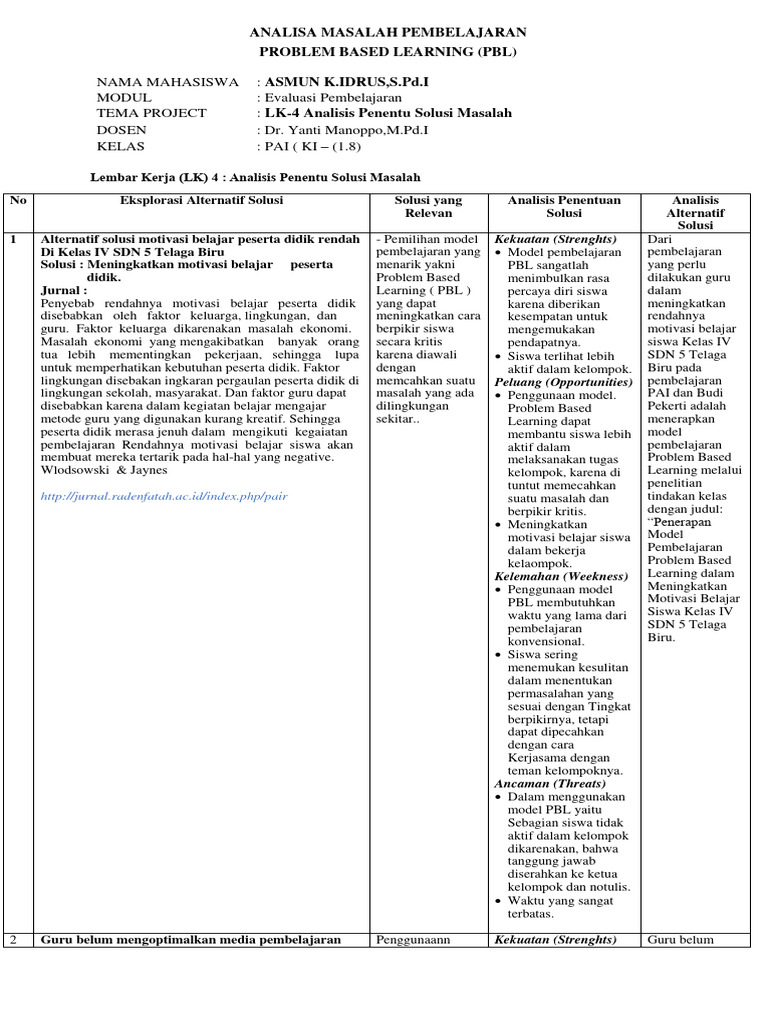 LK 4 ANALISA MASALAH PEMBELAJARAN ASMUN K IDRUS, S.Pd.I | PDF