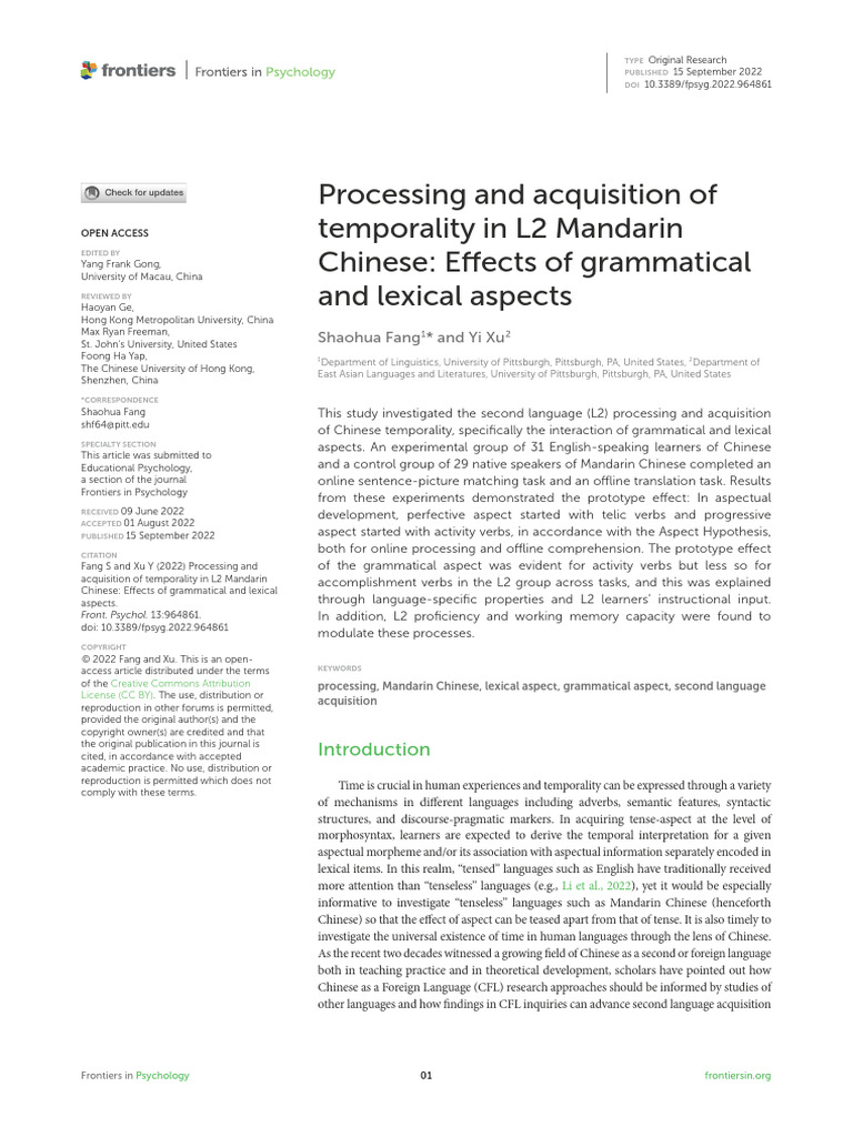 Processing and Acquisition of Temporality in L2 Mandarin Chinese Effects of Grammatical and ...