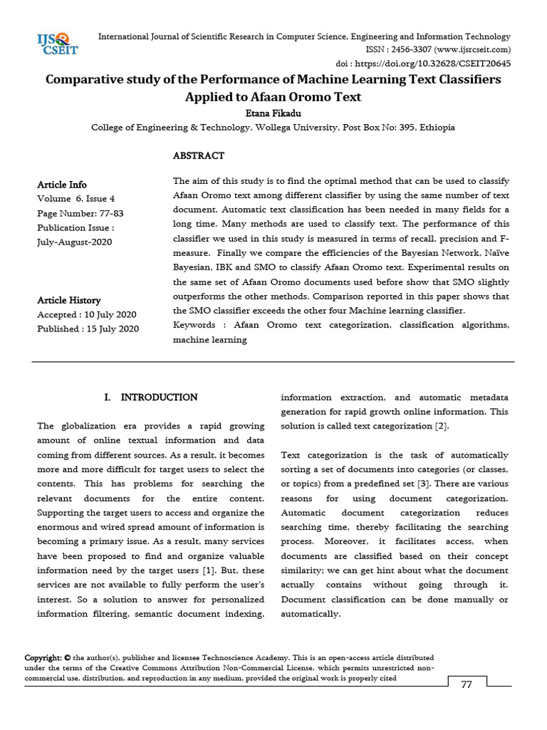 Comparative Study of The Performance of | PDF | Statistical Classification | Machine Learning