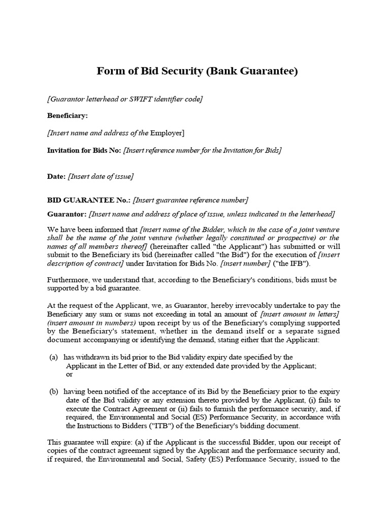 Form of Bid Security (Bank Guarantee) | PDF | Surety | Civil Law (Legal ...