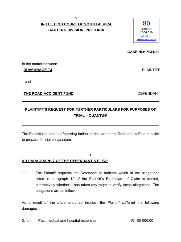 Request For Further Particulars - QUANTUM 240611 | PDF | Damages