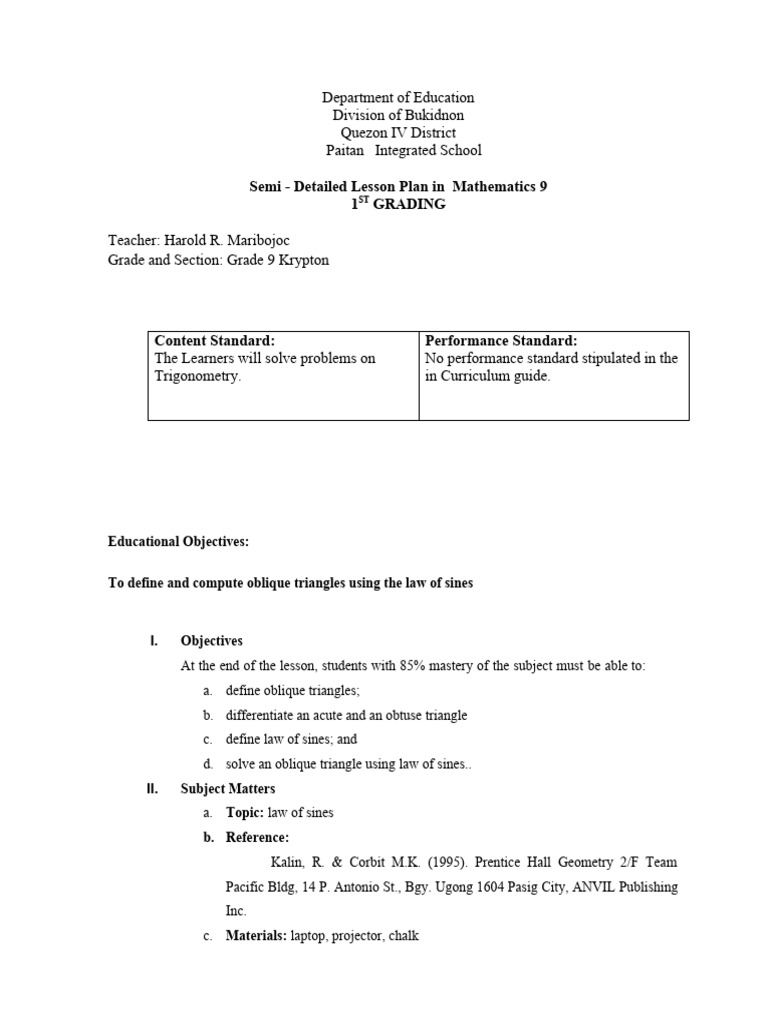 Lesson Plan For COT | PDF | Triangle | Trigonometric Functions