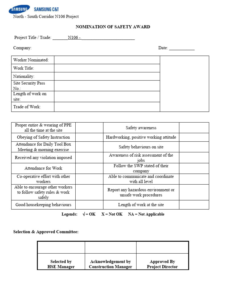 n106 Safety Award Nomination Form | PDF