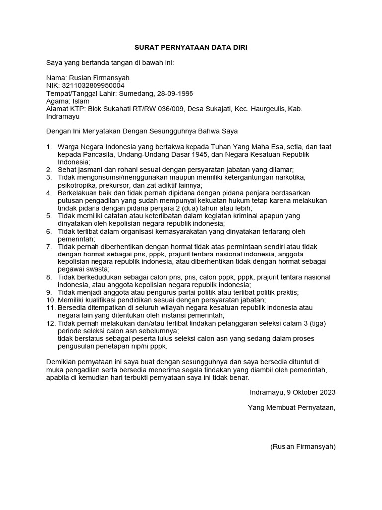 Surat Pernyataan Data Dir p3k | PDF | Politik