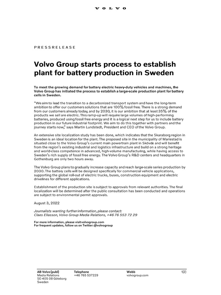 Volvo Group Starts Process To Establish Plant For Battery Production in ...