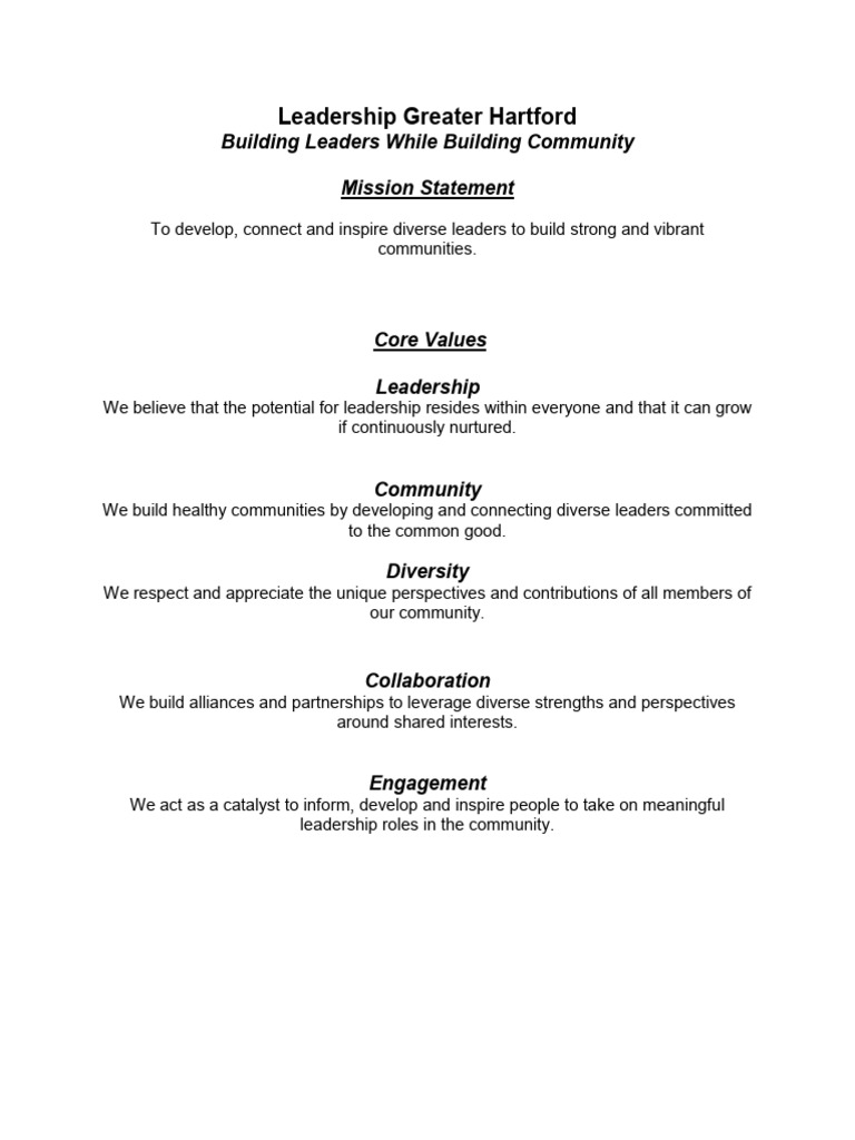 Mission Statement and Values With Vision and Goals | PDF | Leadership ...