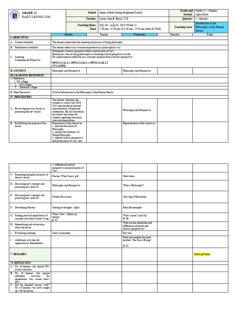 Daily Lesson Log Sample | PDF | Learning | Teachers