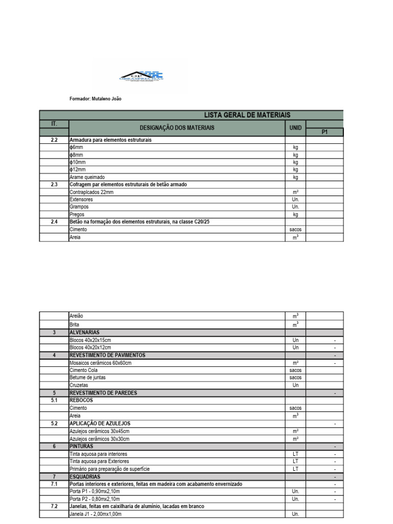 Lista de Material | PDF | Engenharia Estrutural | Engenharia Civil