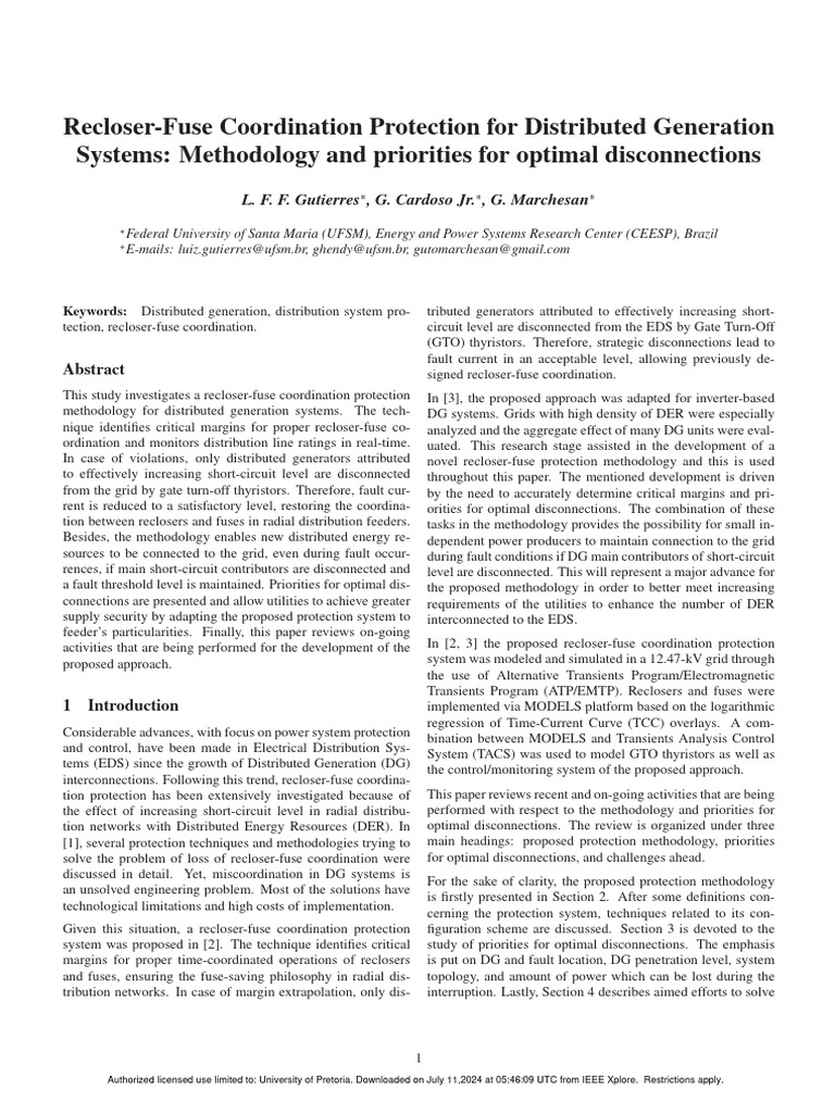 Recloser-Fuse Coordination Protection For Distributed Generation Systems Methodology and ...