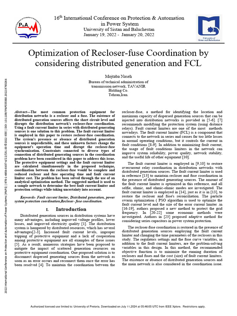 Optimization of Recloser-Fuse Coordination by Considering Distributed Generation and FCL | PDF ...