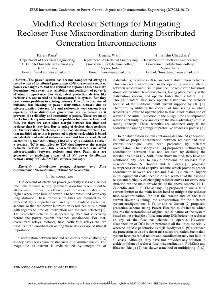 Modified Recloser Settings For Mitigating Recloser-Fuse Miscoordination During Distributed ...