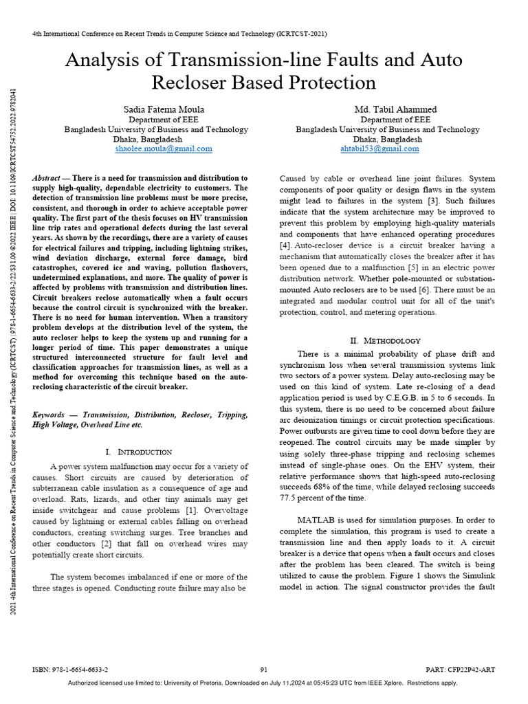 Analysis Of Transmission Line Faults And Auto Recloser Based Protection Pdf Electric Power