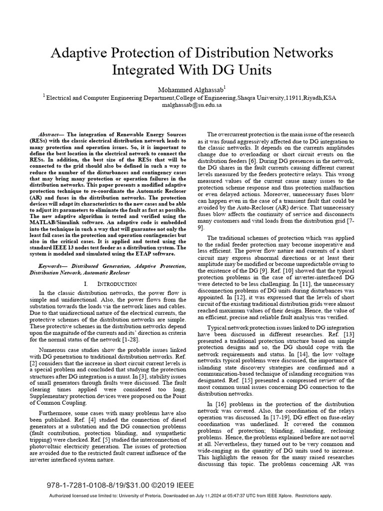 Adaptive Protection of Distribution Networks Integrated With DG Units | PDF | Fuse (Electrical ...