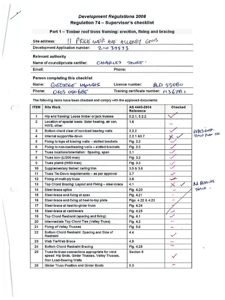 2341 Reg 74 Supervisors Checklist Roof & Wall Frames | PDF