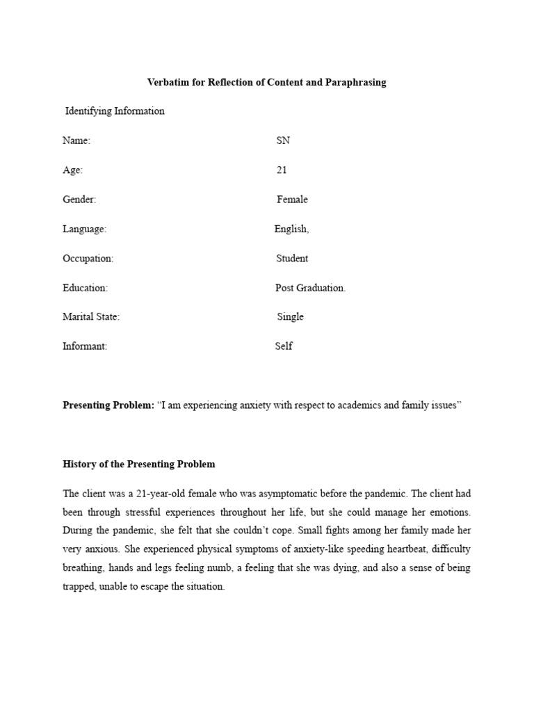 Reflection of Content and Paraphrasing - 21MPSL46 - Rasika Godbole | PDF | Feeling | Anxiety