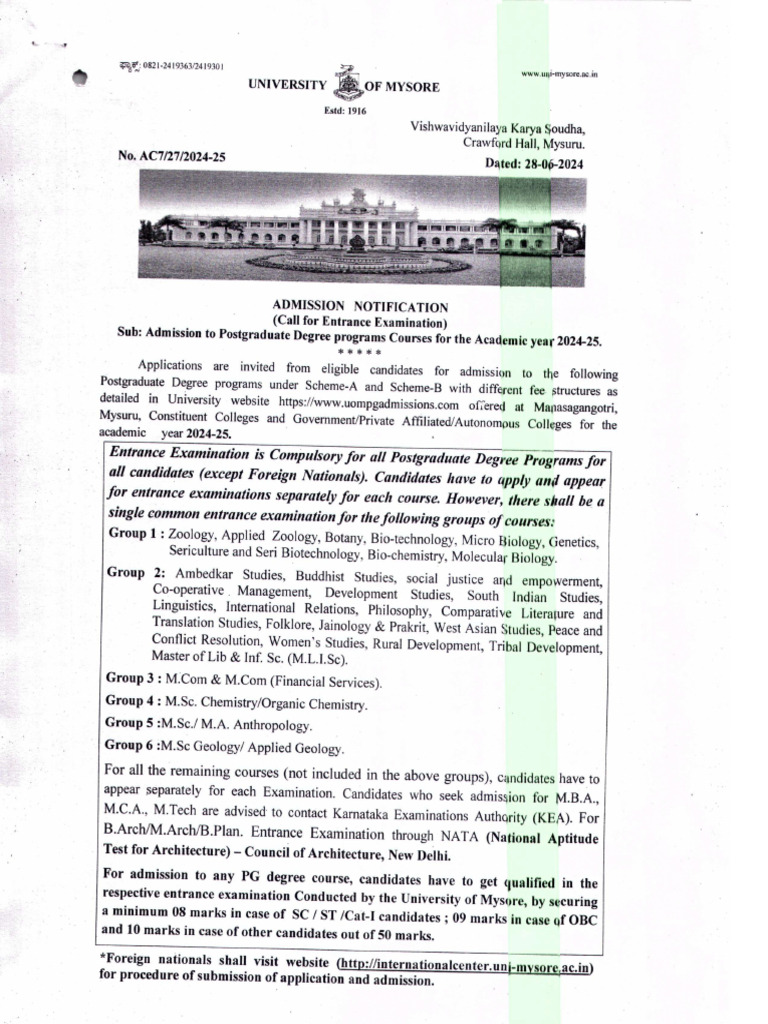 Mysore University Admission | PDF