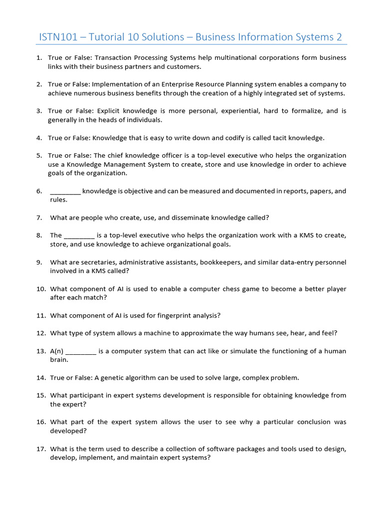 ISTN101 Tutorial 10 - Business Information Systems 2 | PDF | Information System | Knowledge